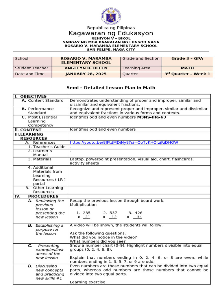 Grade 3 Math Lesson Plan: Odd & Even Numbers | PDF | Learning | Cognition
