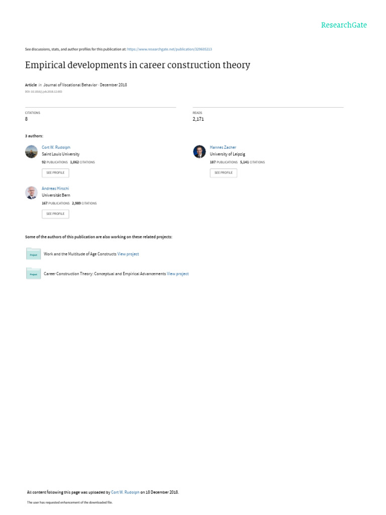 Empirical Developments in Career Construction Theory: Journal of Vocational Behavior December ...
