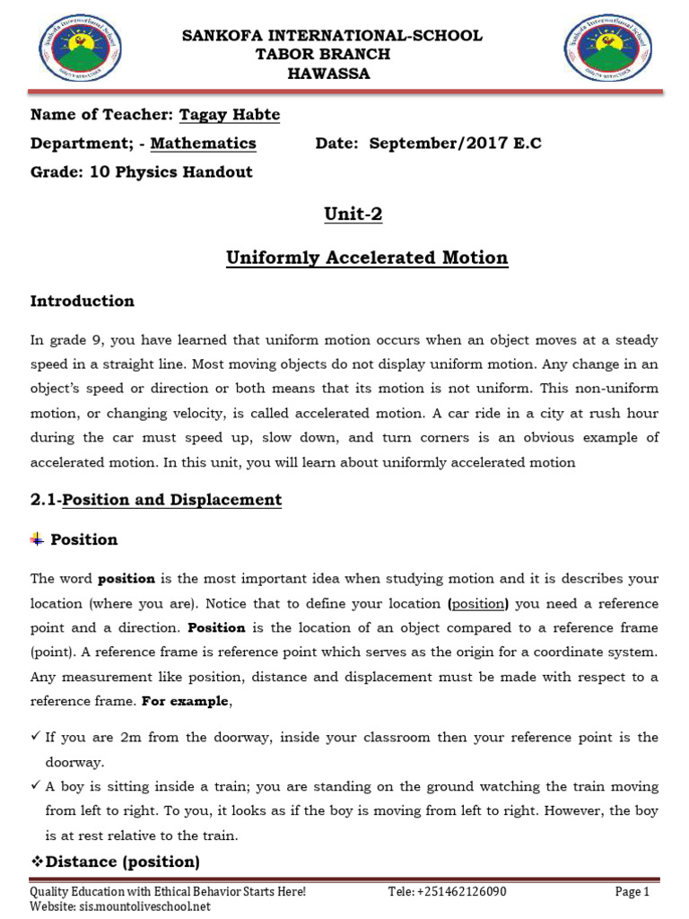 G-10 PHY U-2 Handout (2017E.C) | PDF | Acceleration | Speed