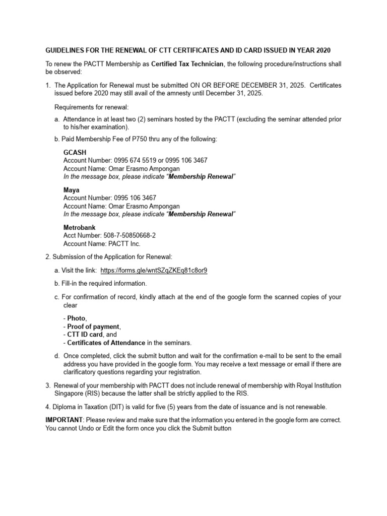 Guidelines For Year 2025 Renewal of CTT Certification | PDF