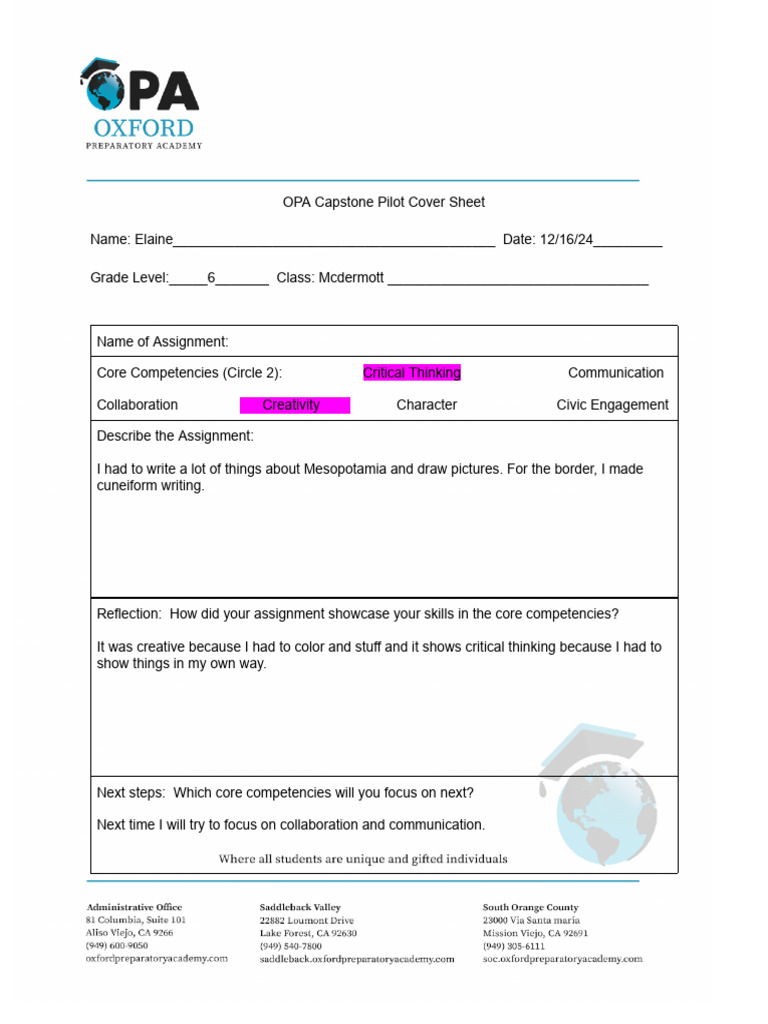 OPA Capstone Reflection Cover Sheet (Make A Copy) | PDF