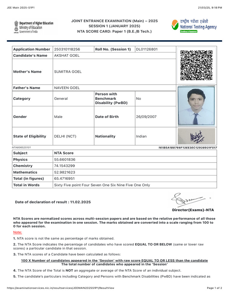 JEE Main 2025 Session 1 Scorecard | PDF | Standardized Tests ...