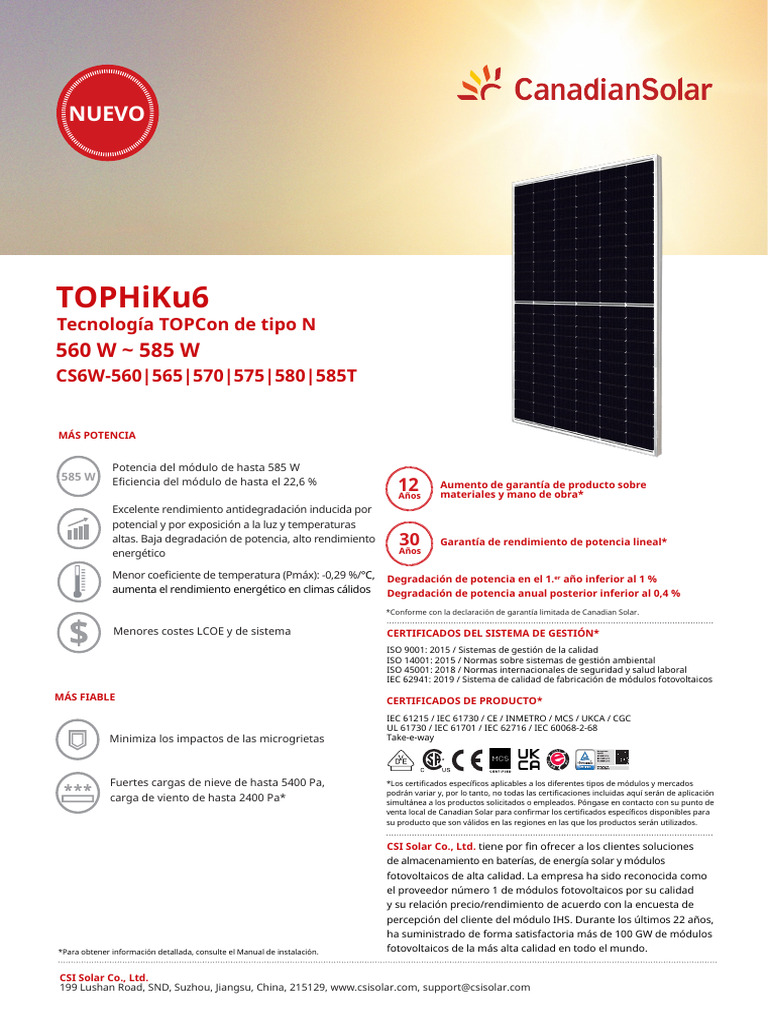 Ficha Técnica Módulos Canadian Solar | PDF | Fotovoltaica | Electricidad