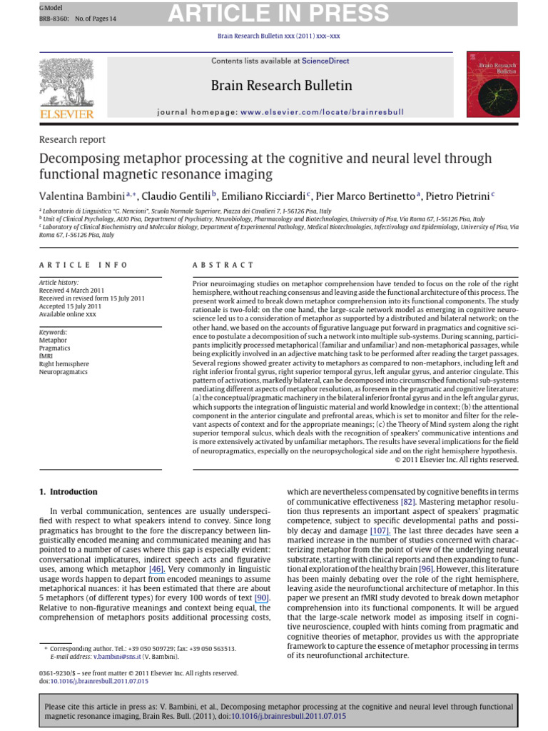 Decomposing Metaphor Processing at The C | PDF | Lateralization Of Brain Function | Metaphor
