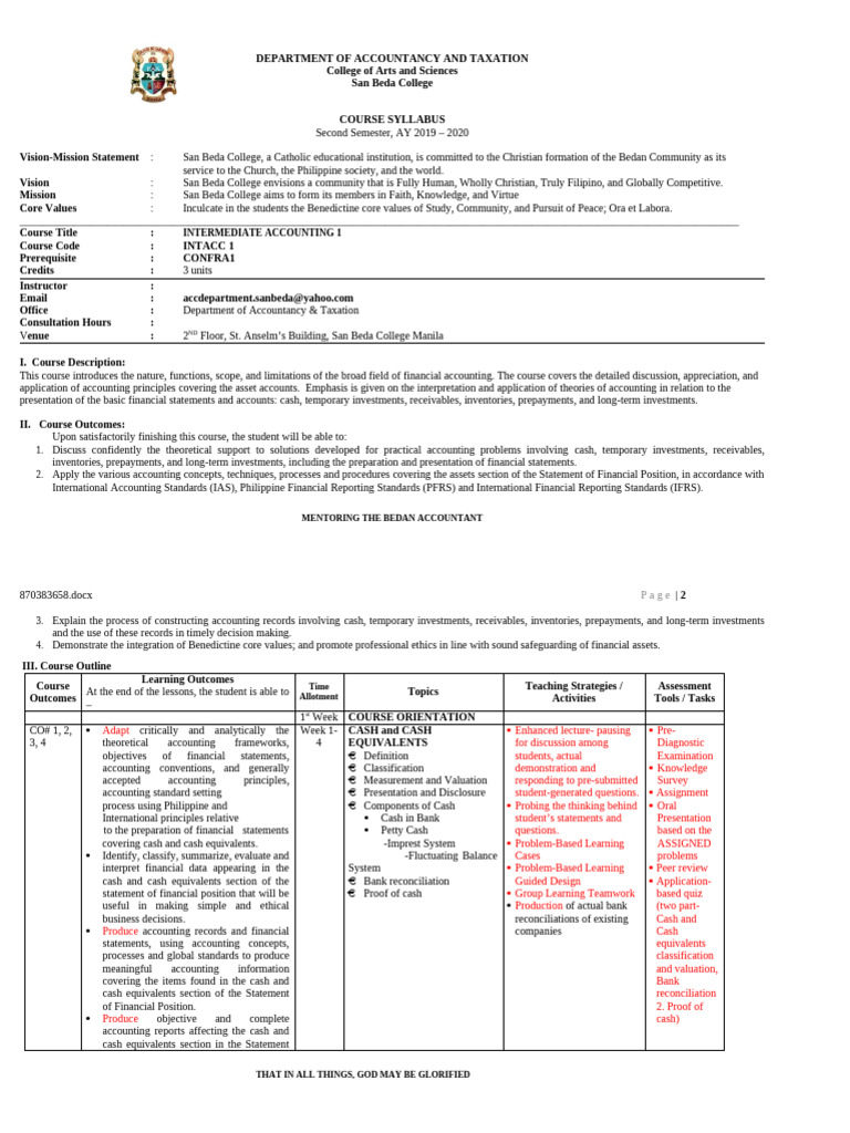 Intacc 1 Syllabus Intermediate Accounting 1 1 | PDF | International ...