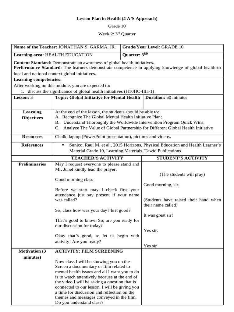 Lesson Plan In Health Lesson 4 Pdf Malaria Mosquito Net