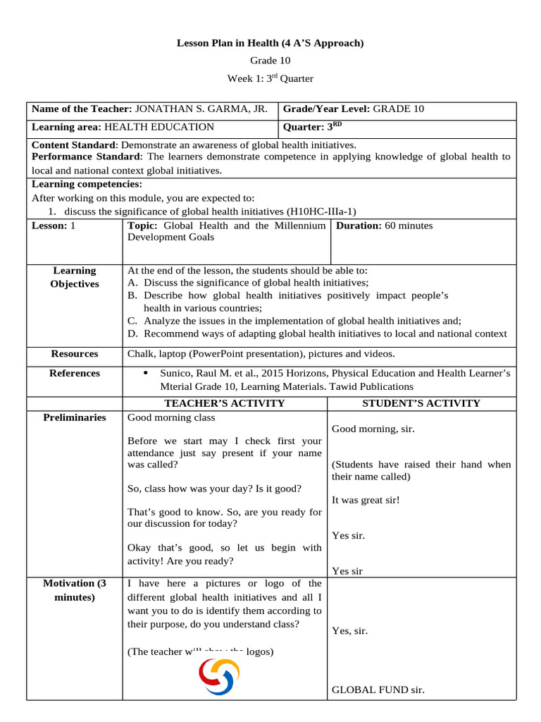Lesson Plan in HEALTH- LESSON 1 | PDF | World Health Organization ...