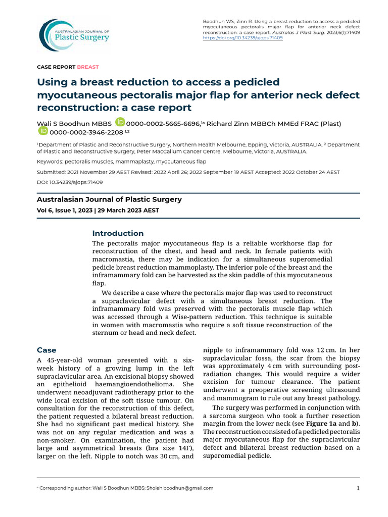 Using a breast reduction to access a pedicled myocutaneous pectoralis ...