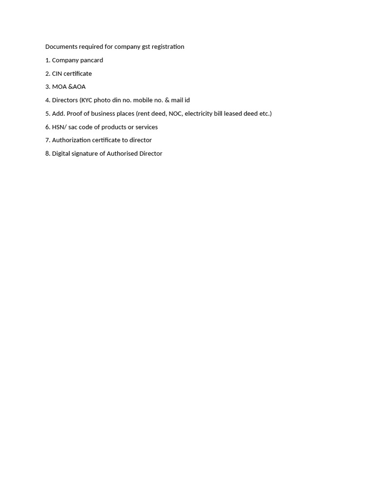 GST Registration Document Checklist | PDF