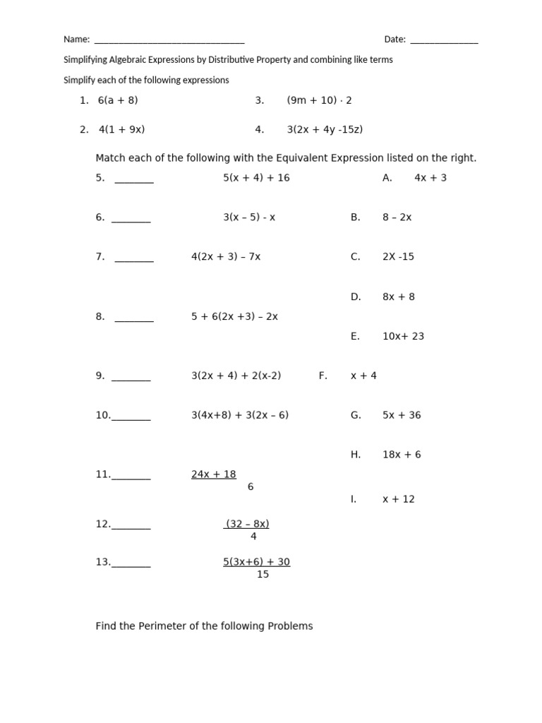 Name: - Date: - Simplifying Algebraic Expressions by Distributive ...