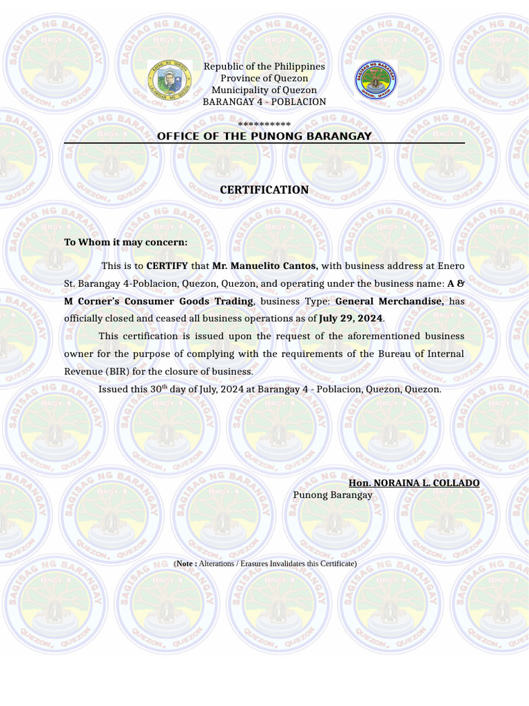 Certificate of Business Closure | PDF
