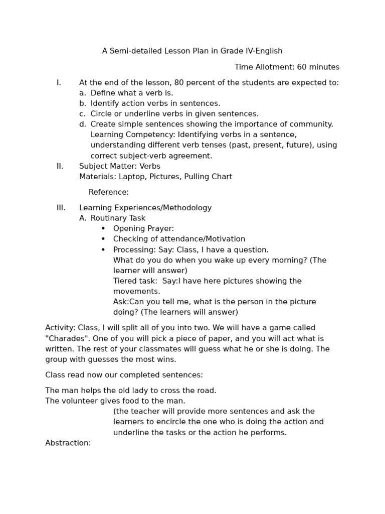 Sample Lesson Plan Sentence (1) | PDF | Subject (Grammar) | Verb