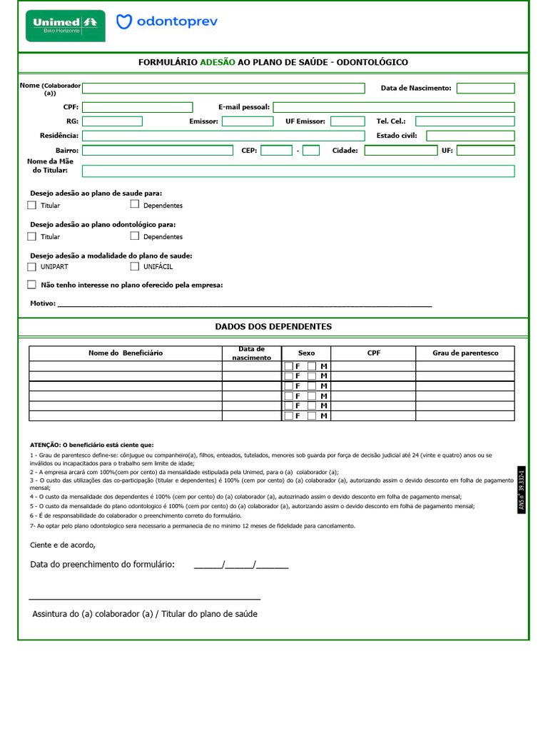 Formulário de Adesão - Unimed e Odontoprev | PDF