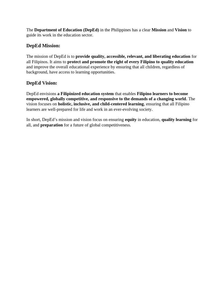 DepEd Mission and Vision for Education | PDF