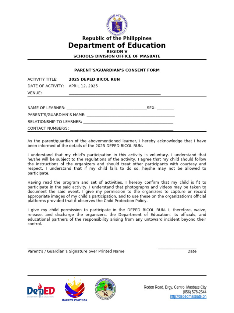 2025 - DepEd Bicol Run - Waiver Form Parental Consent 1 | PDF