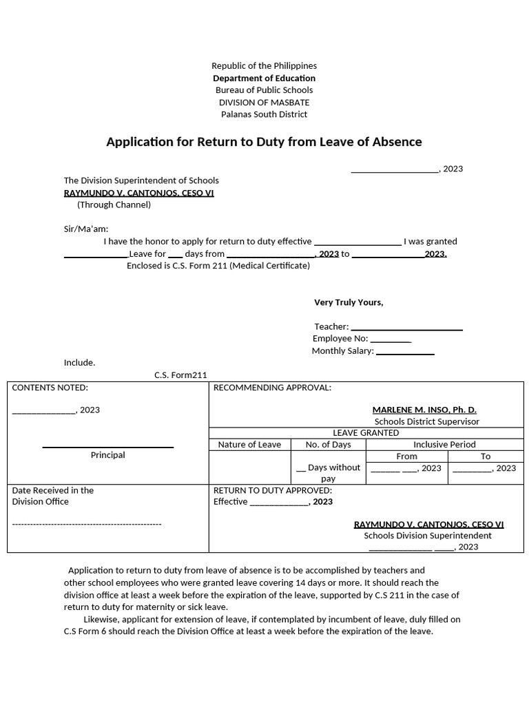 Application For Return To Duty Blank Form | PDF | Labor | Labour Law