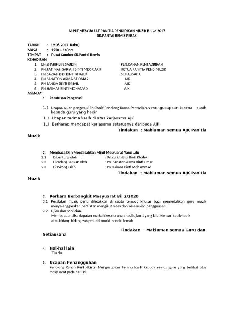 Minit Mesyuarat Panitia Pendidikan Muzik Bil 3 | PDF