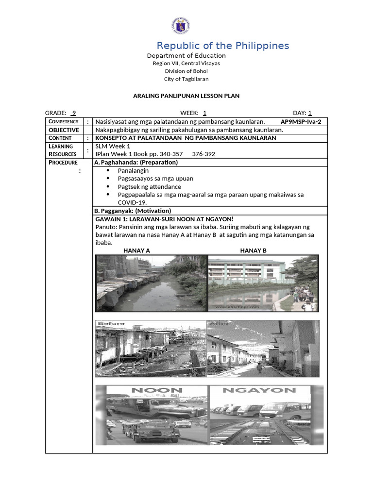 Ap 9 Q4 Prototype Lesson Plan Week 1 Day 1 3 Mejias Rose Marie A. | PDF