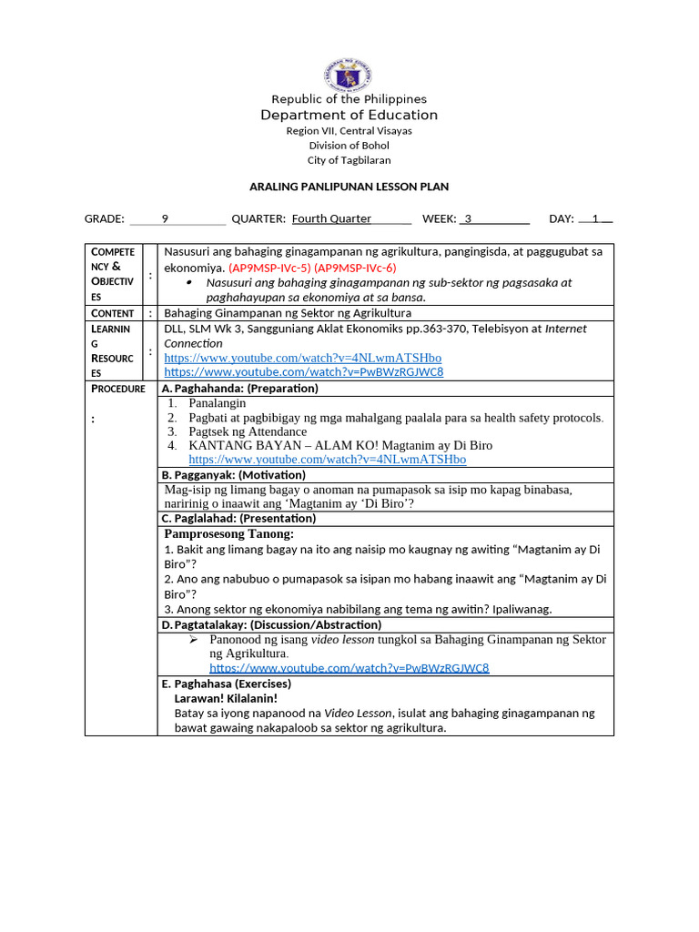 AP 9 Lesson Plan Week 3 DAY 1 | PDF