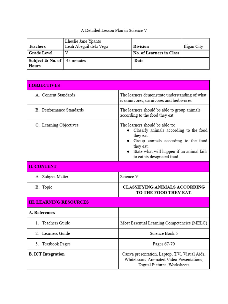 Detailed Lesson Plan in Carnivore, Herbivore, Omnivore | PDF | Foods ...