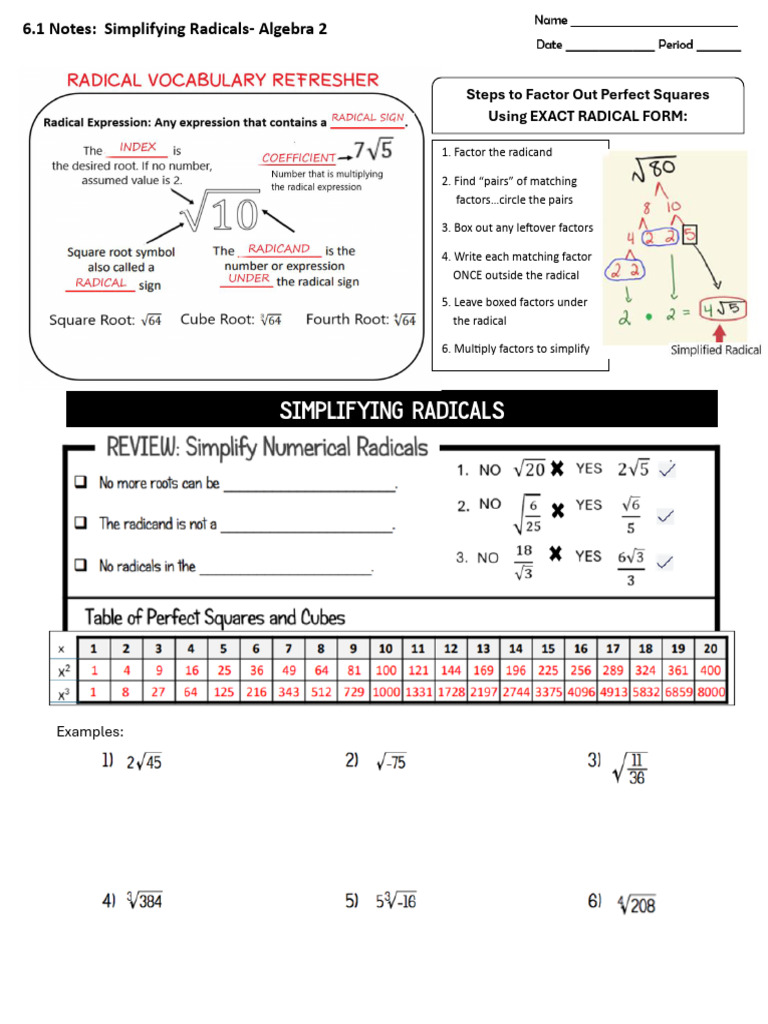 Notes 6.1 Simplify Radicals | PDF
