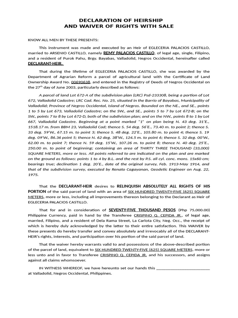 Heirship Declaration and Land Sale Waiver | PDF | Currency | Land Law
