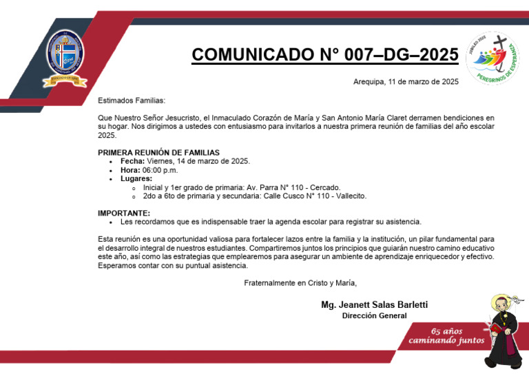 COMUNICADO 007-2025 (1 Reunion Con Familias) | PDF