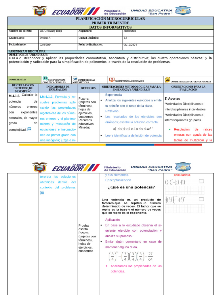 Planificación Microcurricular Matemáticas | PDF | Exponenciación ...