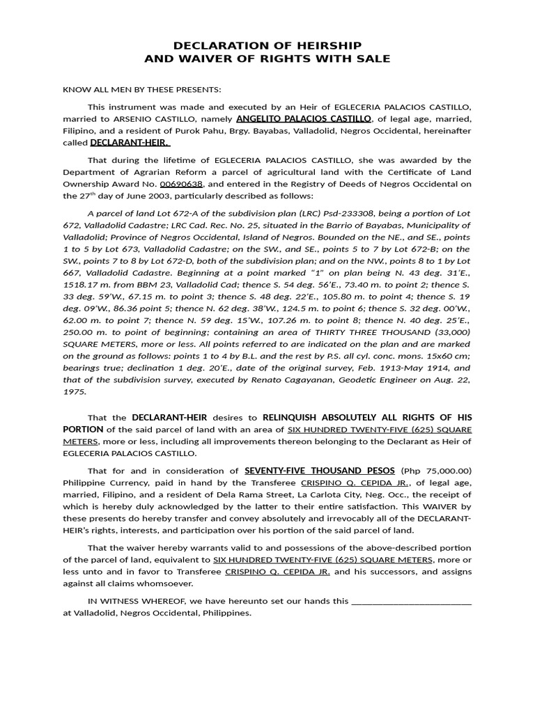 Heirship Declaration and Land Sale Waiver | PDF | Currency | Land Law