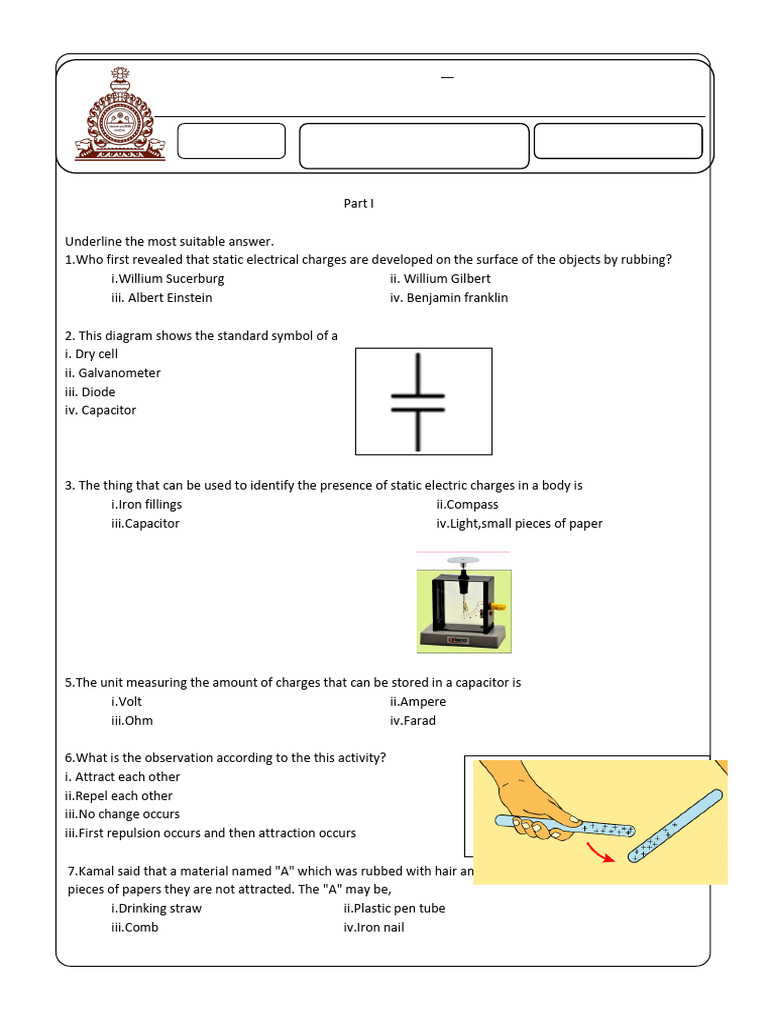 Static Electricity Unit Test for Grade 7 | PDF | Electric Charge ...