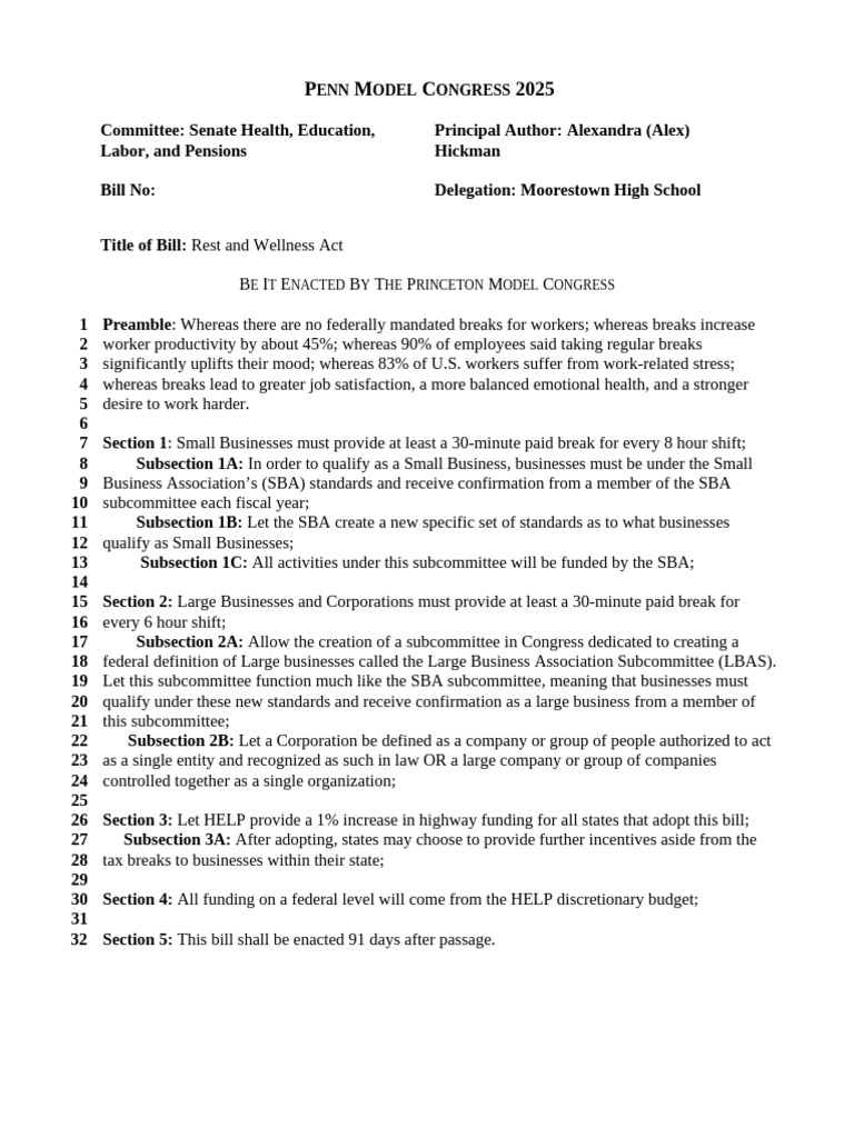 Rest and Wellness Act for Workers 2025 | PDF | United States Congress ...
