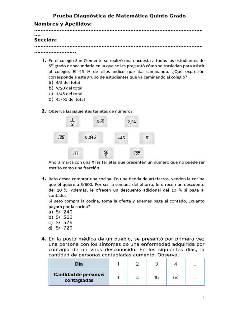 Prueba Diagnóstica Matemática 5to Grado | PDF
