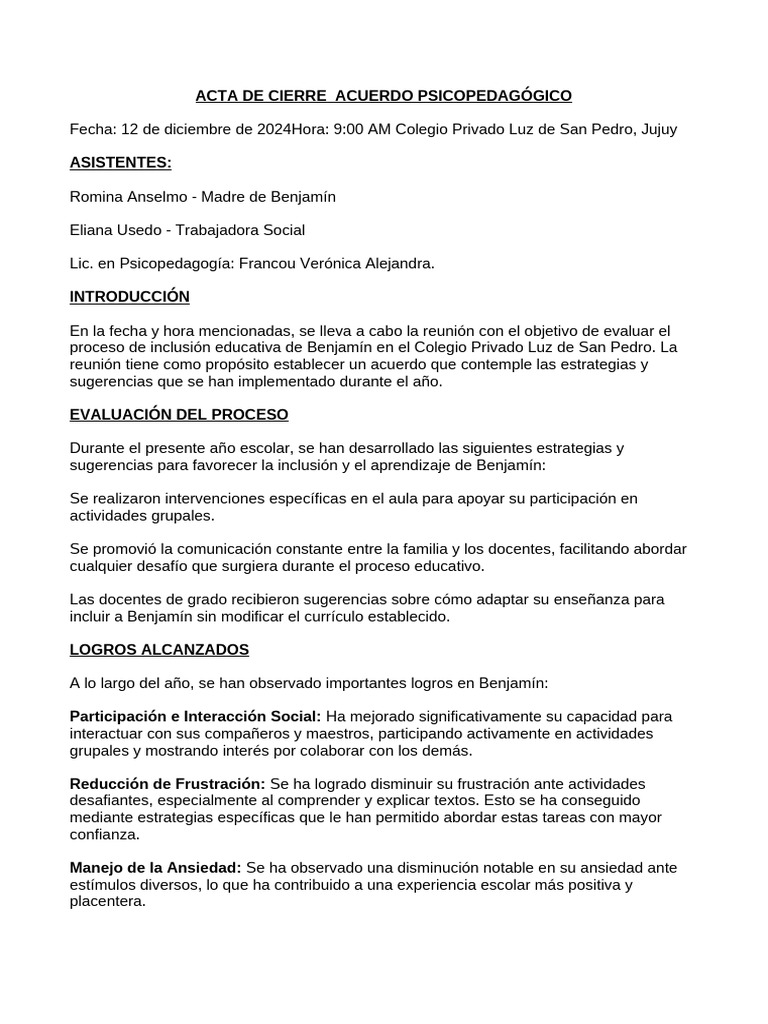 Cierre de Acta Acuerdo | PDF | Enseñando | Inclusión (Educación)