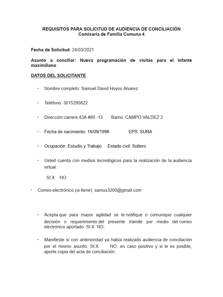 Requisitos para Solicitud de Audiencia de Conciliacion en Comisarias | PDF
