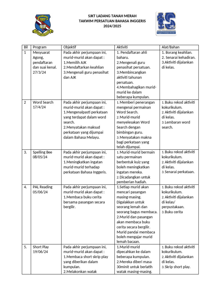 Takwim Persatuan Bahasa Inggeris 2024 | PDF