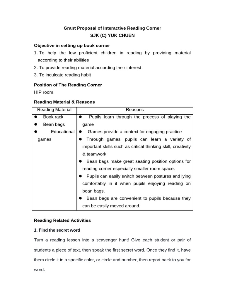 Grant Proposal for Reading Corner | PDF | Cognition | Learning