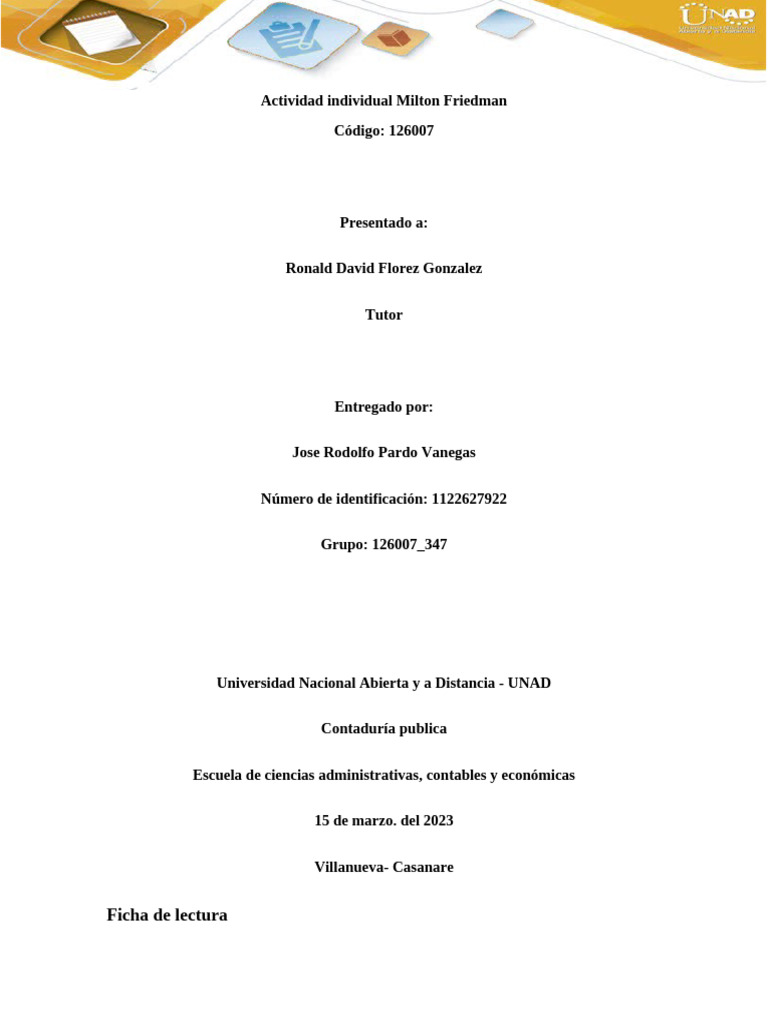 Actividad individual Milton Friedman- Jose Rodolfo Pardo Vanegas | PDF ...