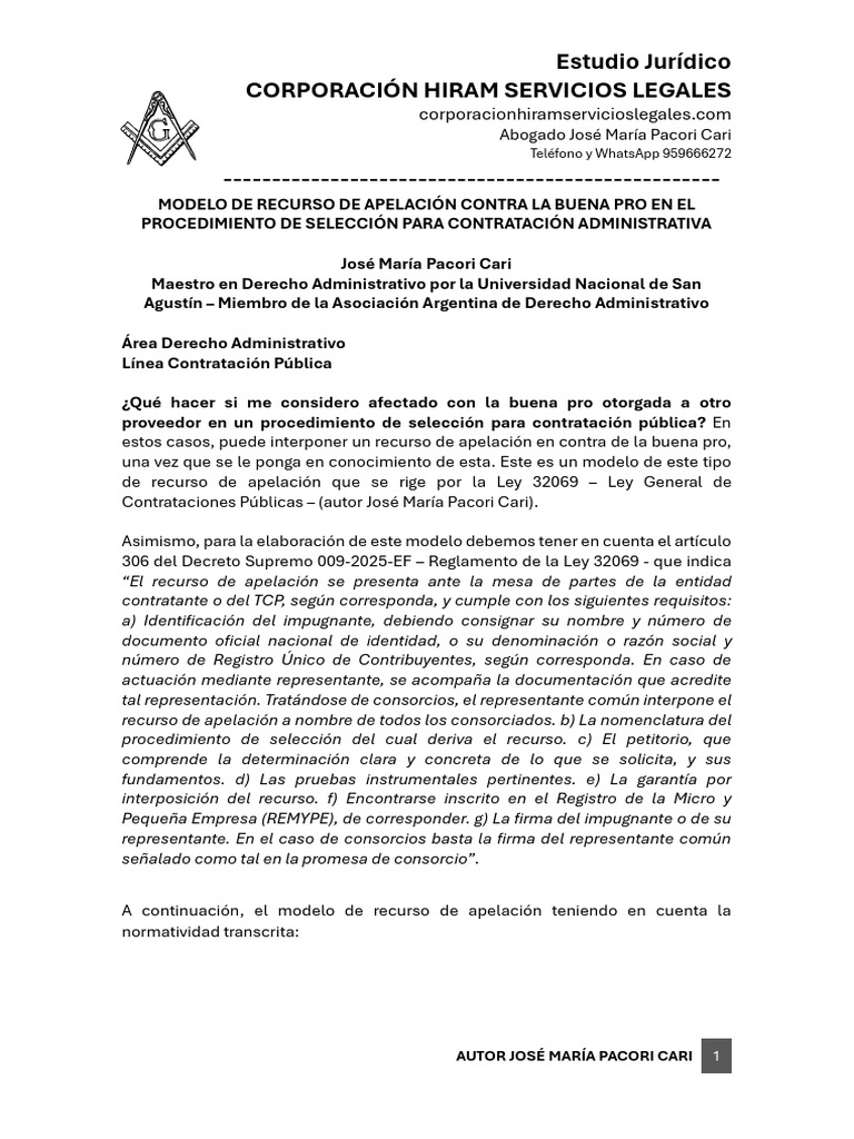 Modelo Recurso Apelación Contra La Buena Pro en La Contratación Pública - Autor José María ...