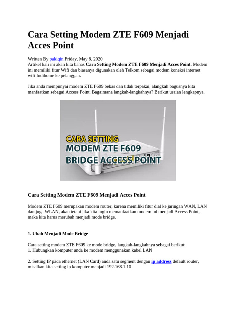 Cara Setting Modem ZTE F609 Menjadi Acces Point | PDF