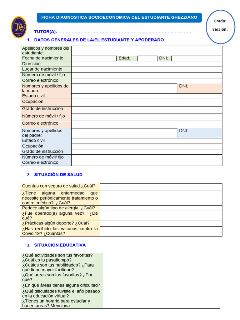 Ficha diagnóstica socioeconómica del estudiante Ghezziano - 2022 | PDF
