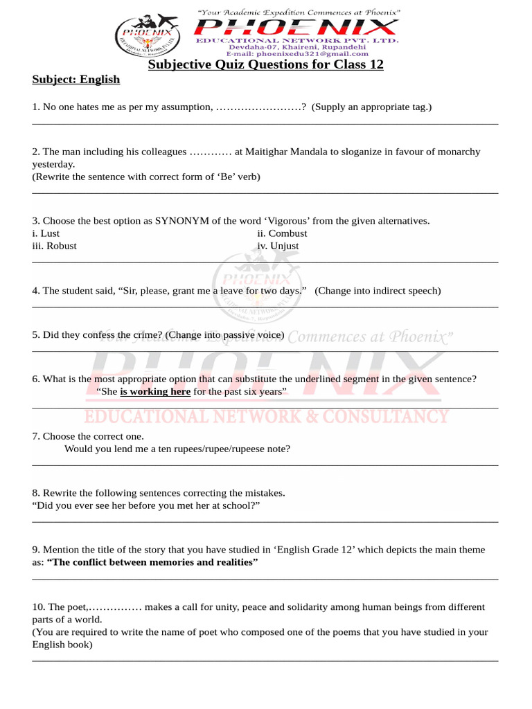 Subjective Quiz Questions For Class 12 | PDF | Balance Sheet | Equity ...