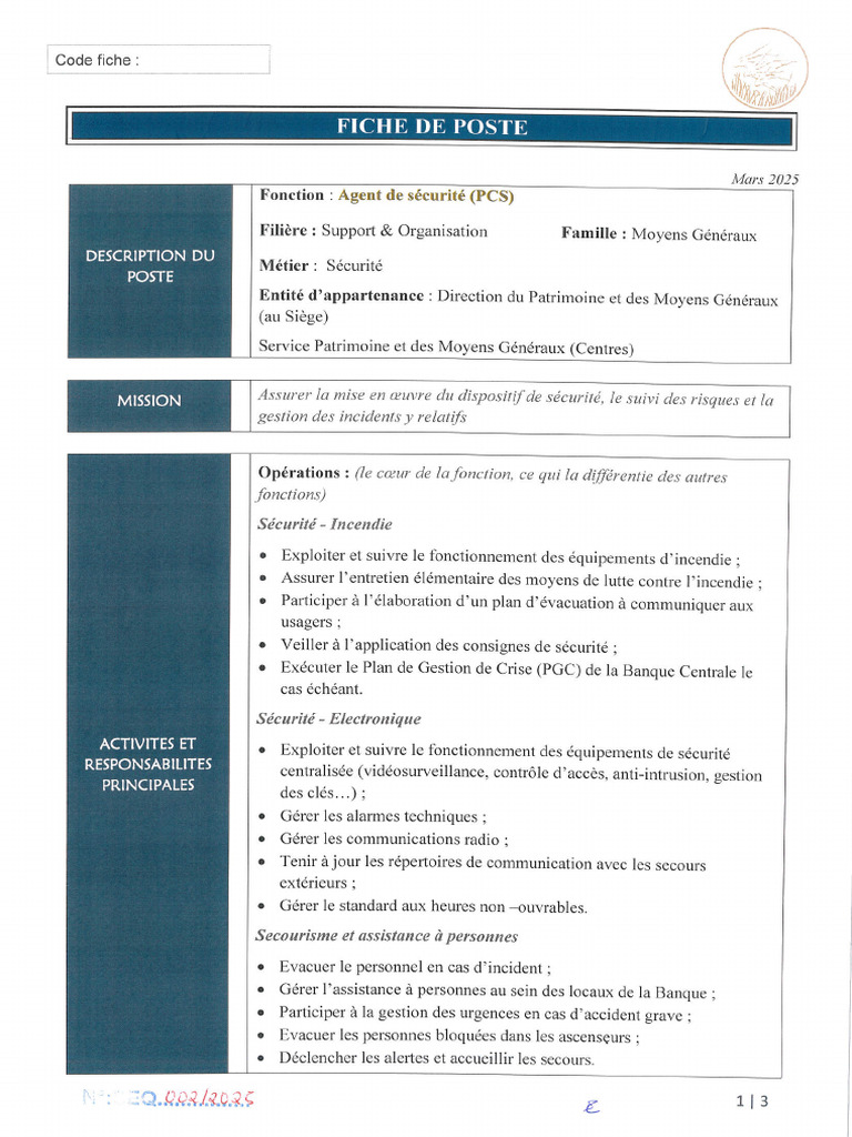 13 Fiche de Poste Agent de Securite | PDF