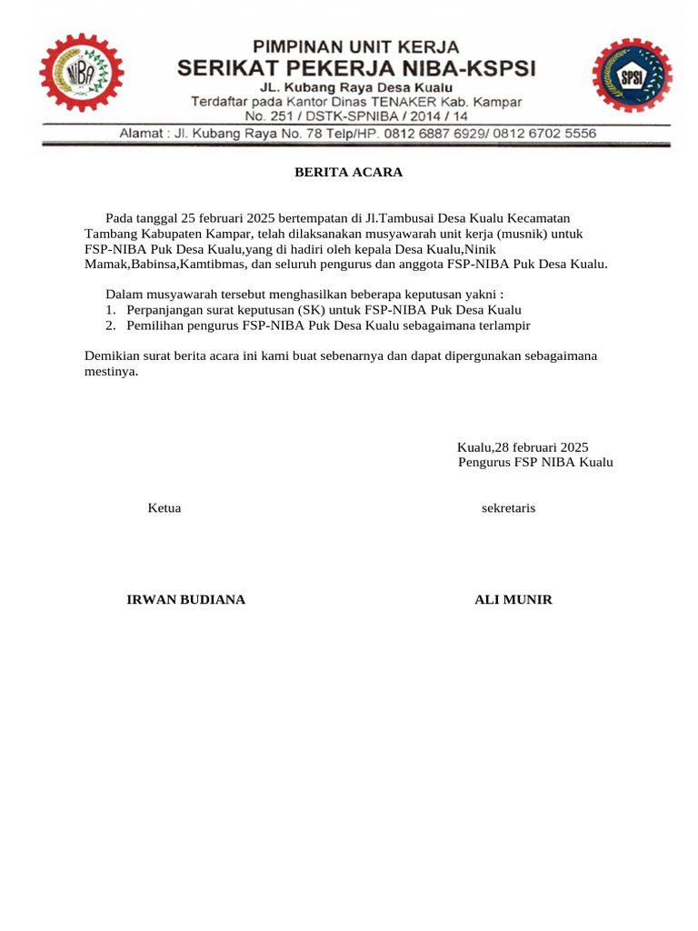 Musyawarah FSP-NIBA Puk Kualu 2025 | PDF