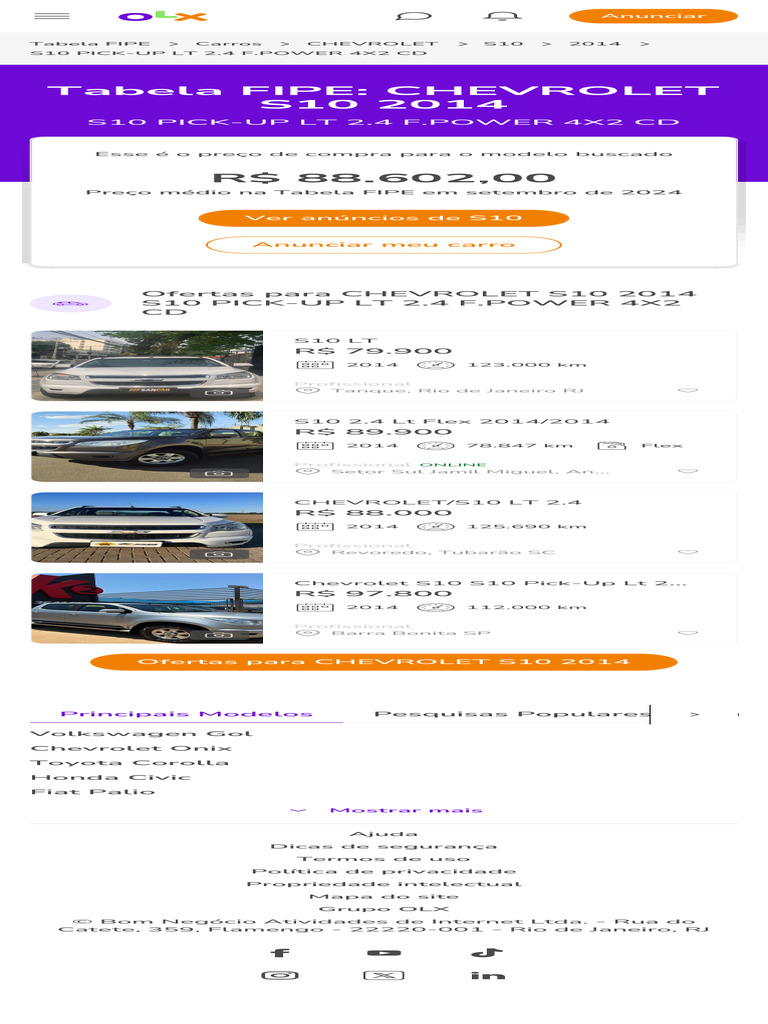 Tabela Fipe CHEVROLET S10 PICK-UP LT 2.4 F.POWER 4X2 CD 2014 - Consulte ...