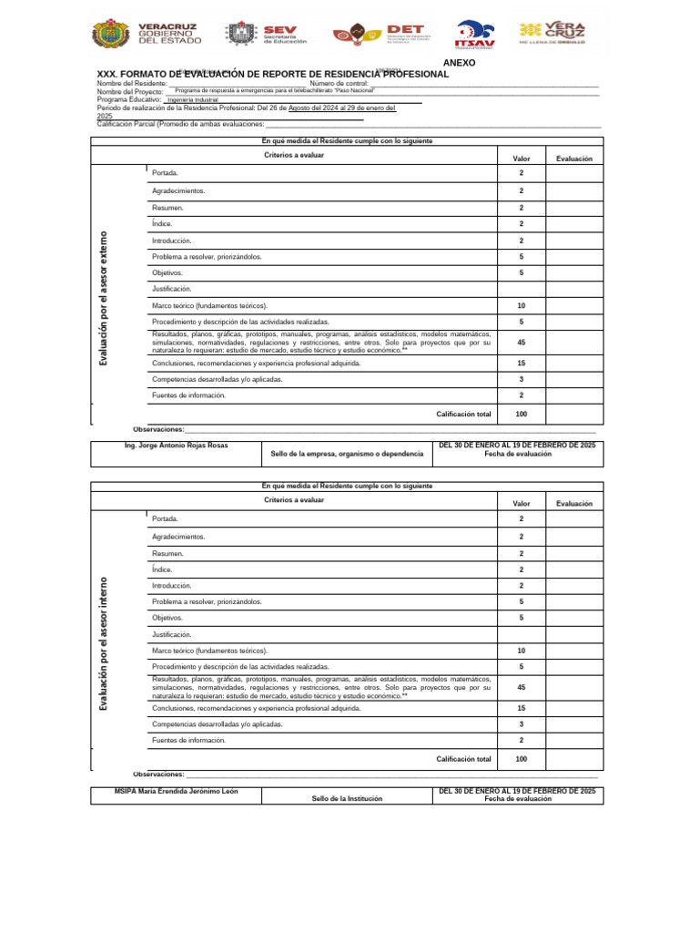 Anexo Xxx. Formato de Evaluación de Reporte de Residencia Profesional | PDF | Estadísticas ...