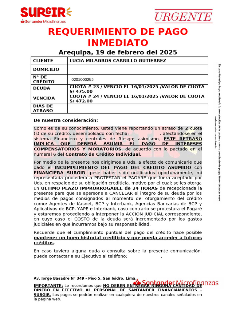 Carta de Cobranza Surgir 02.2025 | PDF | Crédito | Finanzas y dinero