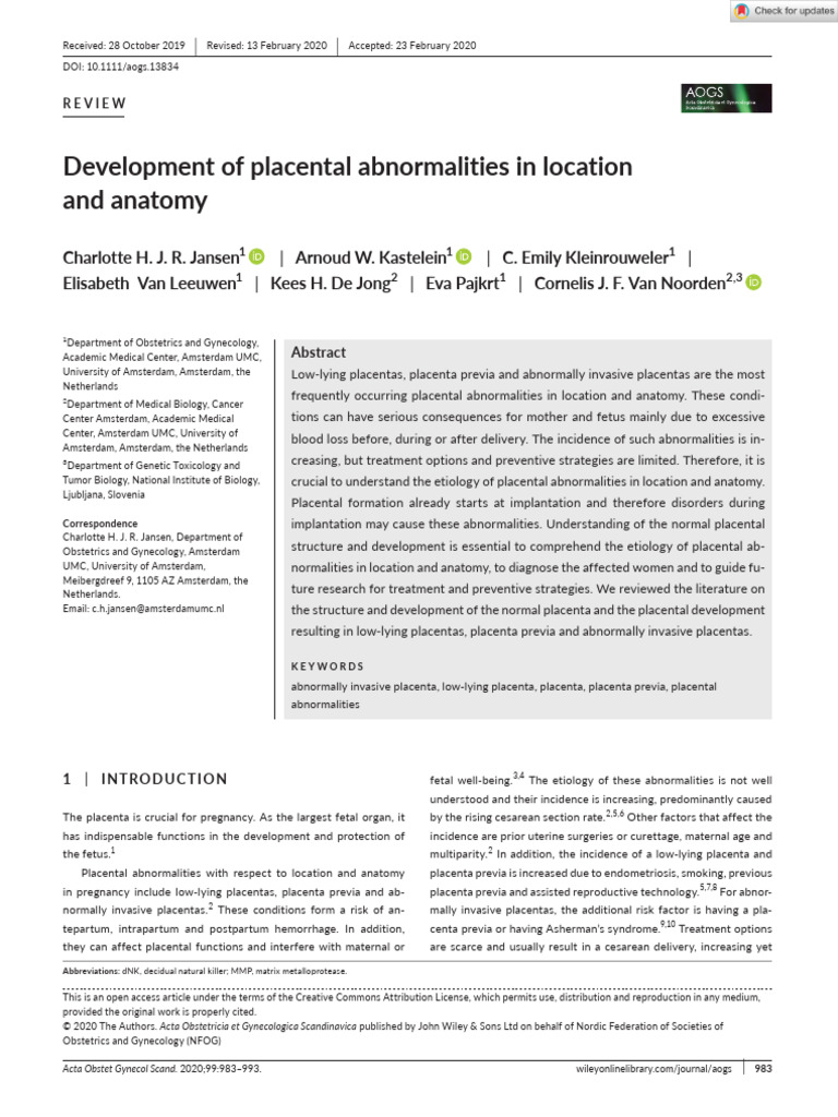 Acta Obstet Gynecol Scand - 2020 - Jansen - Development of Placental Abnormalities in Location ...