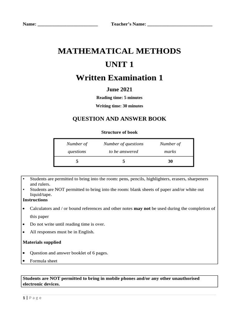 2021 Y11 MM12 June Exam P1 - Vce Methods Unit 1 | PDF | Cartesian ...