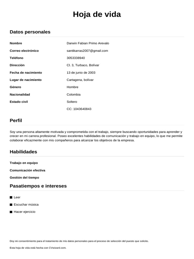 Hoja de Vida Darwin Fabian Primo Arevalo | PDF
