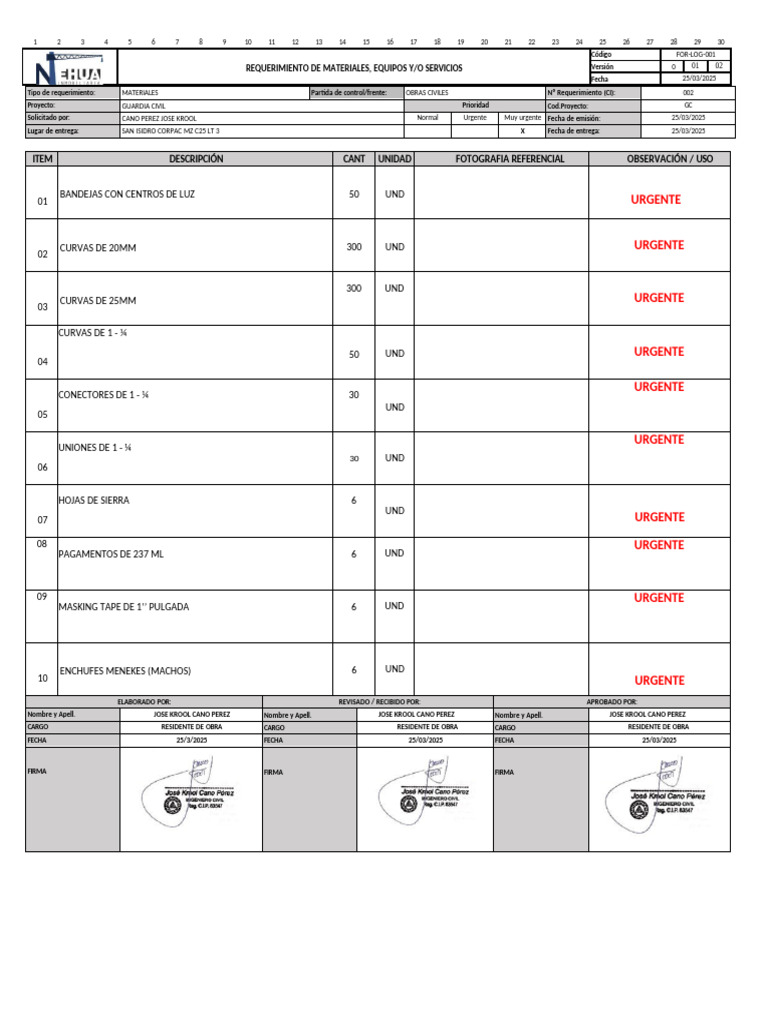 Req. #010 - Residencia - Materiales Obras Civiles | PDF
